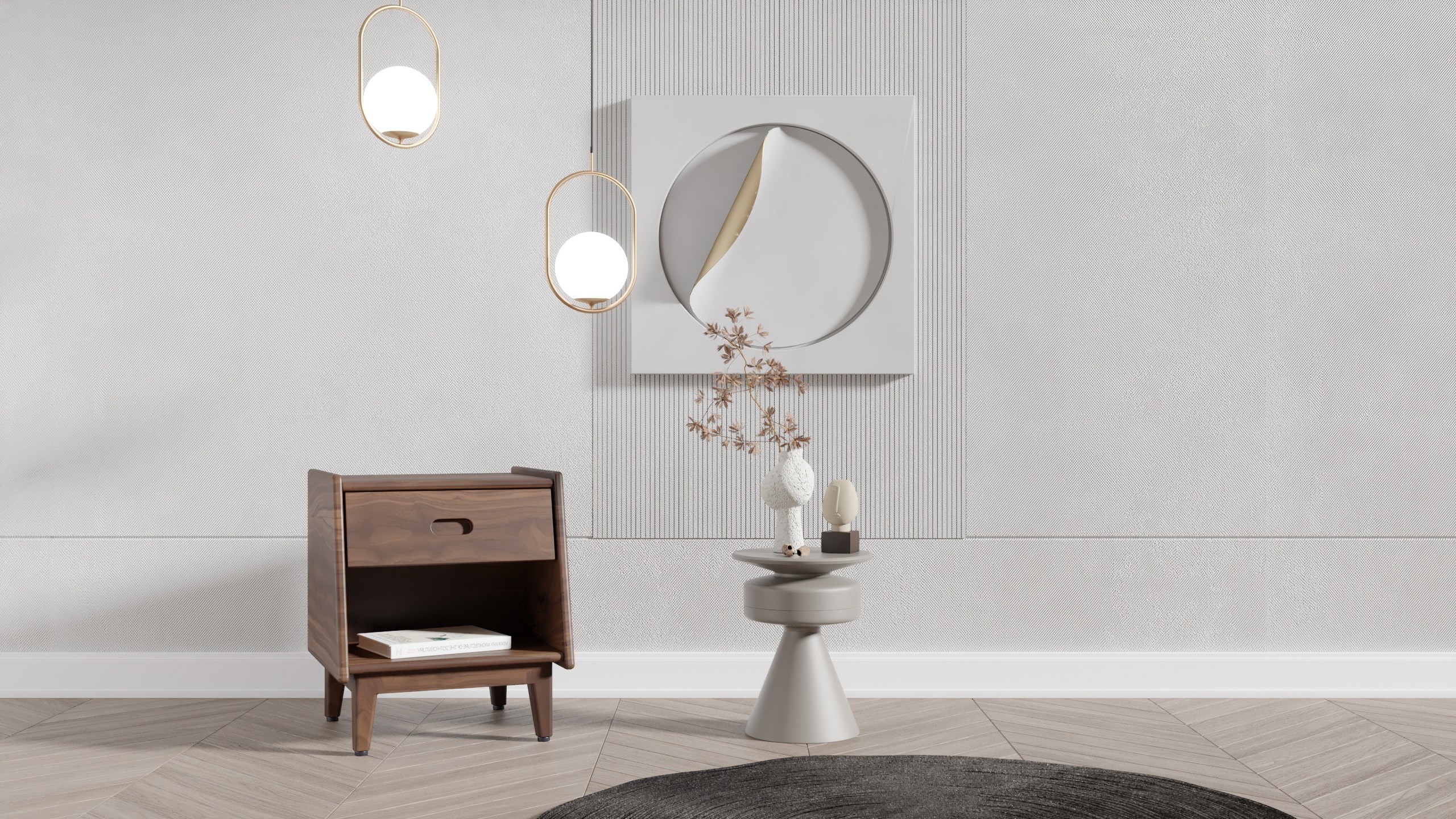 (Walnut Color) Solid Timber Bedside Table | Phone Cable Management