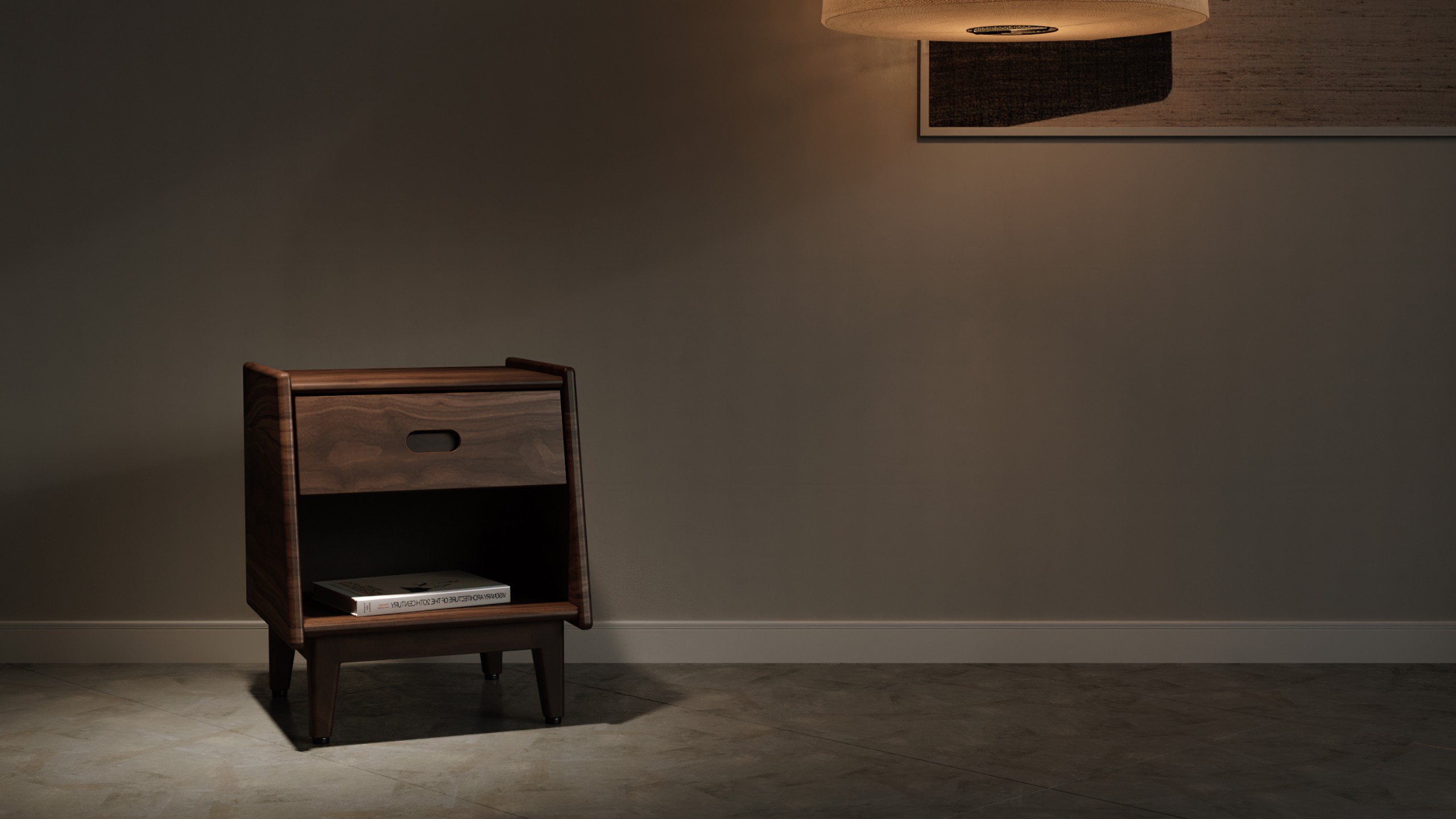 (Walnut Color) Solid Timber Bedside Table | Phone Cable Management